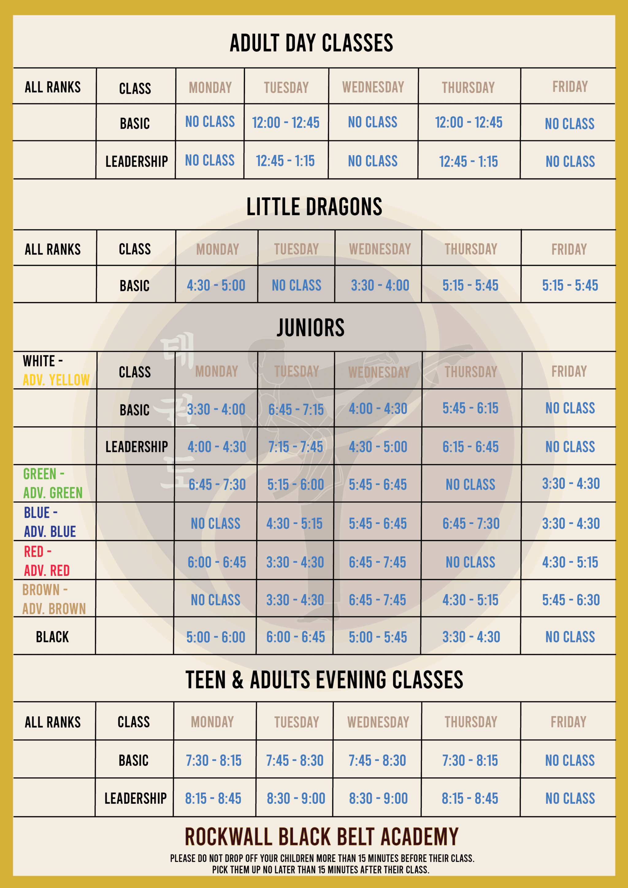 Class Schedule – Rockwall Black Belt Academy
